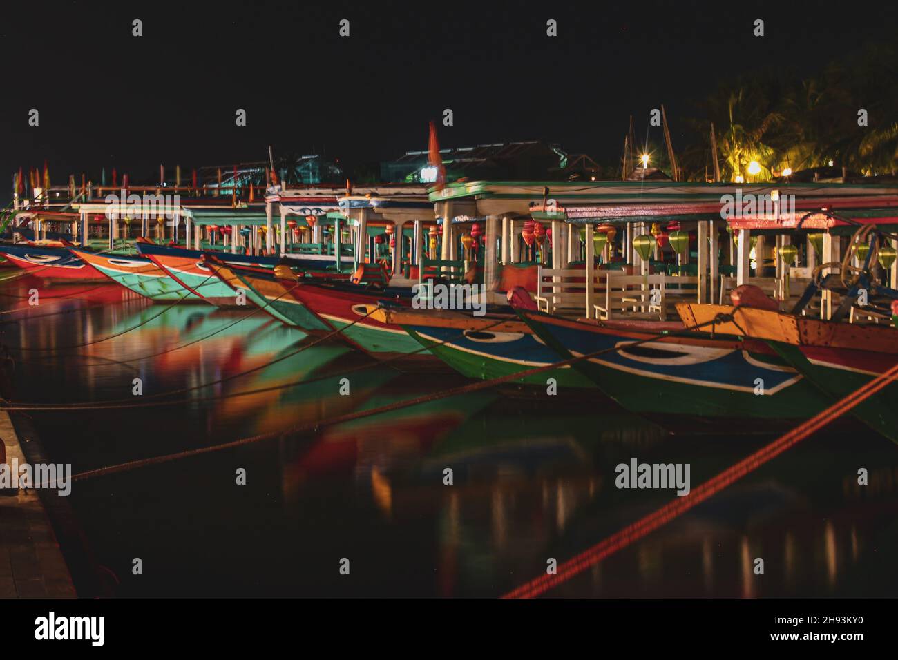 Beautiful view of the unique colorful boats on the port in Vietnam ...