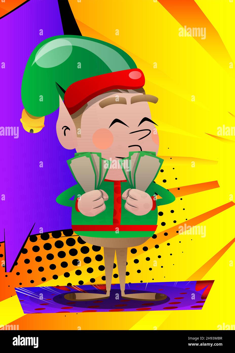 Christmas Elf holding or showing money bills. Vector cartoon character ...