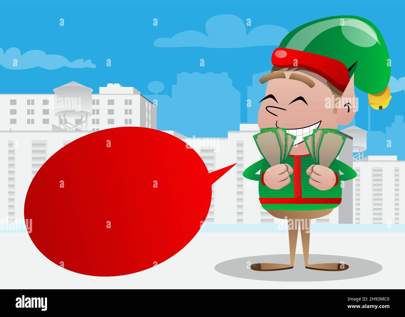 Christmas Elf holding or showing money bills. Vector cartoon character ...