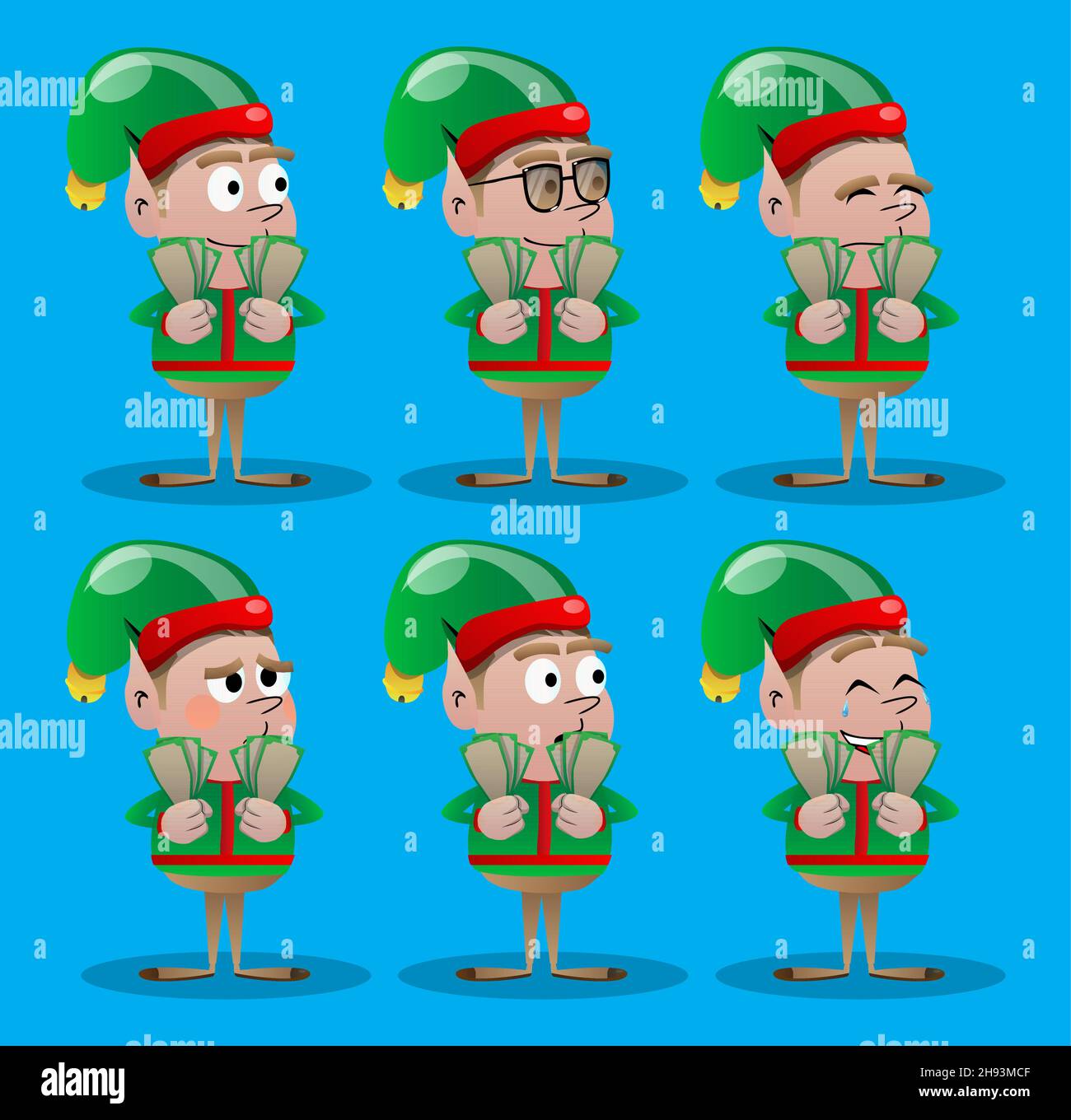Christmas Elf holding or showing money bills. Vector cartoon character ...