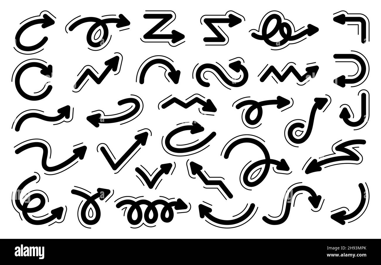 Arrow hand drawn different shape direction black line set. Selection ...