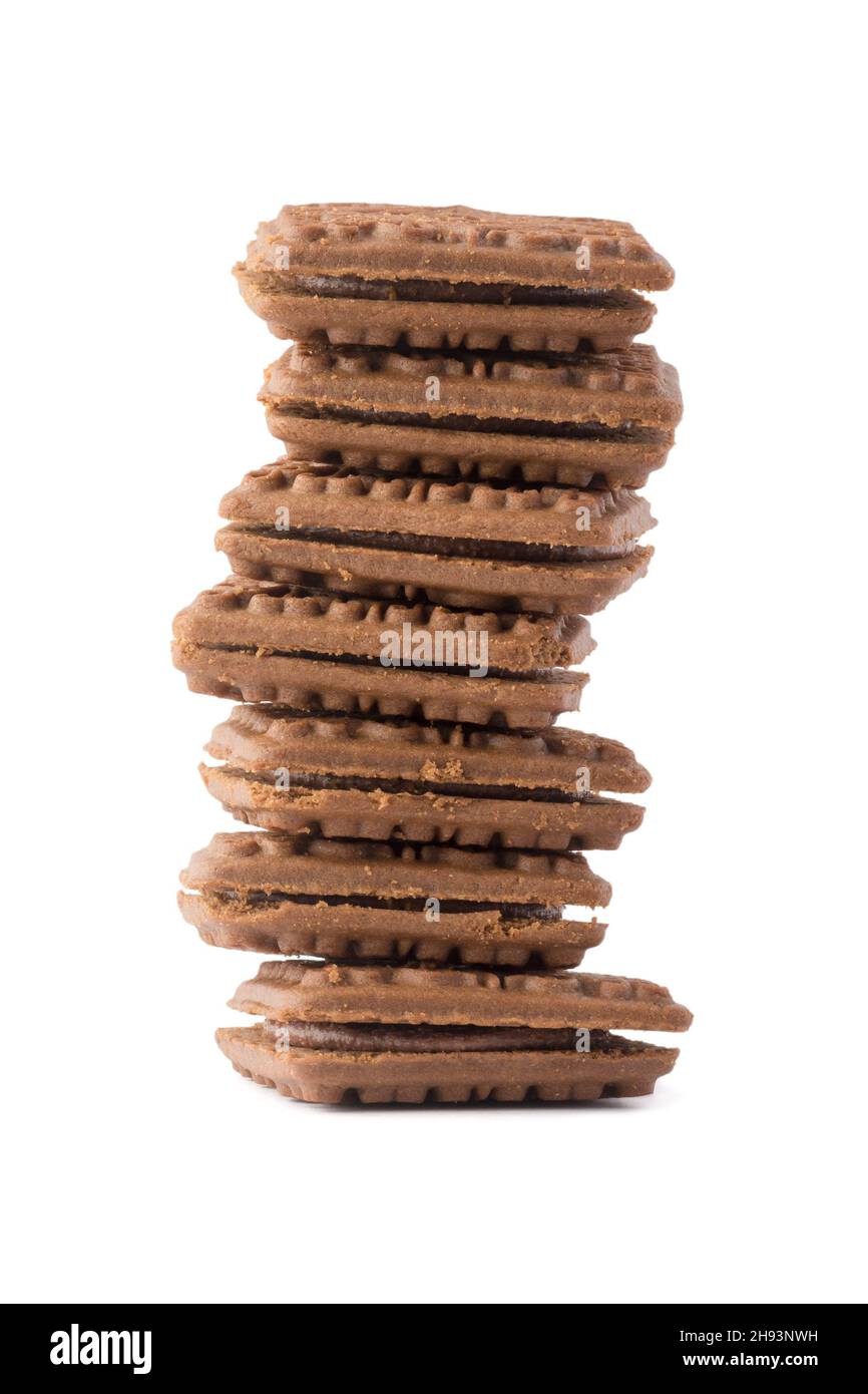 chocolate cookies and cream, stacked layer biscuits isolated on white ...