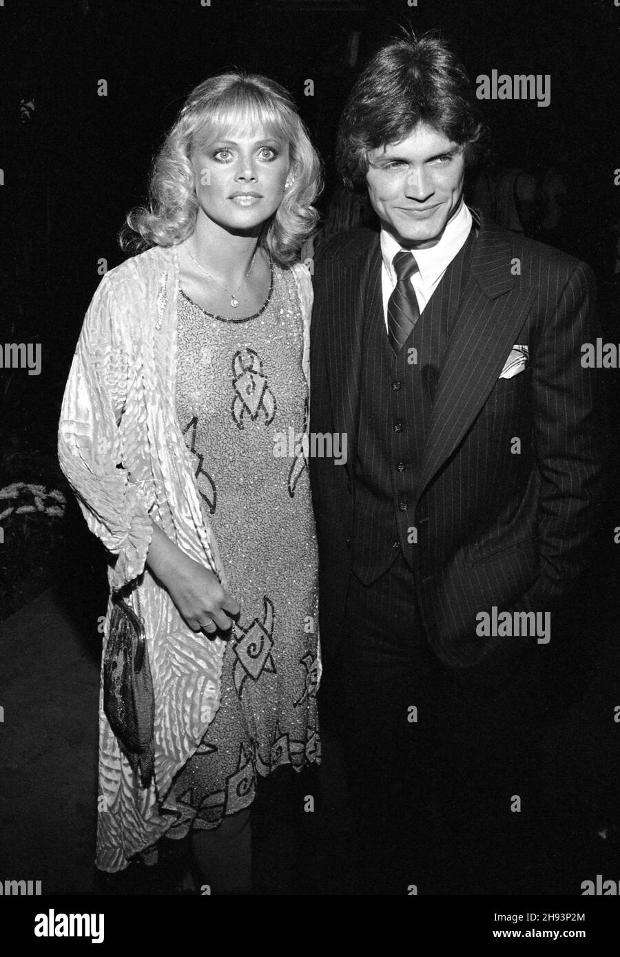 Britt Ekland and Andrew Stevens and Ken Reitz at the wedding reception ...