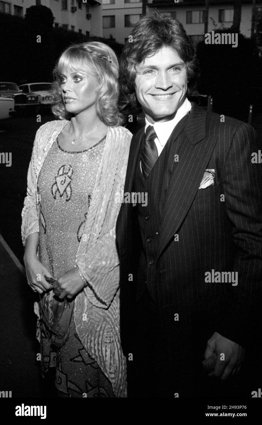 Britt Ekland and Andrew Stevens and Ken Reitz at the wedding reception ...