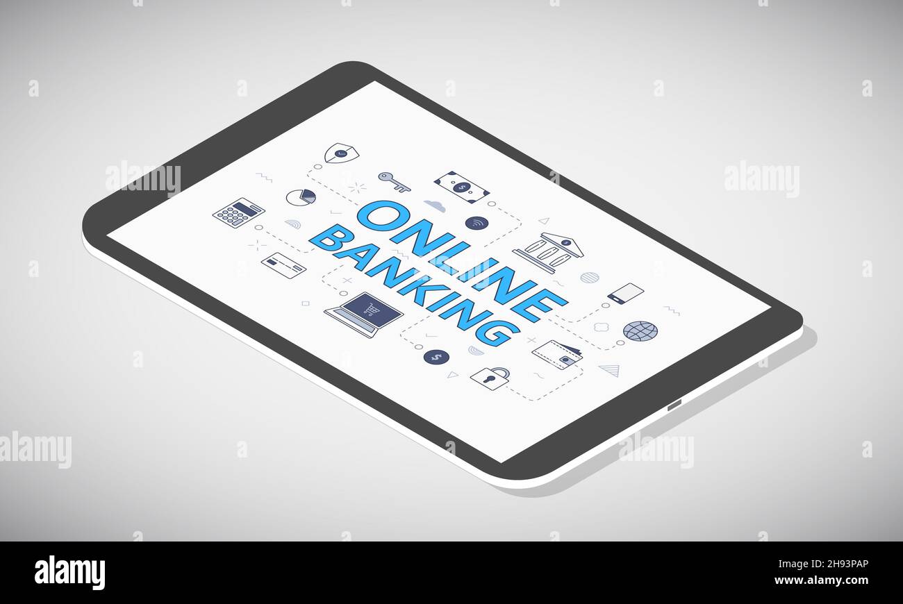 online banking concept on tablet screen with isometric 3d style vector ...