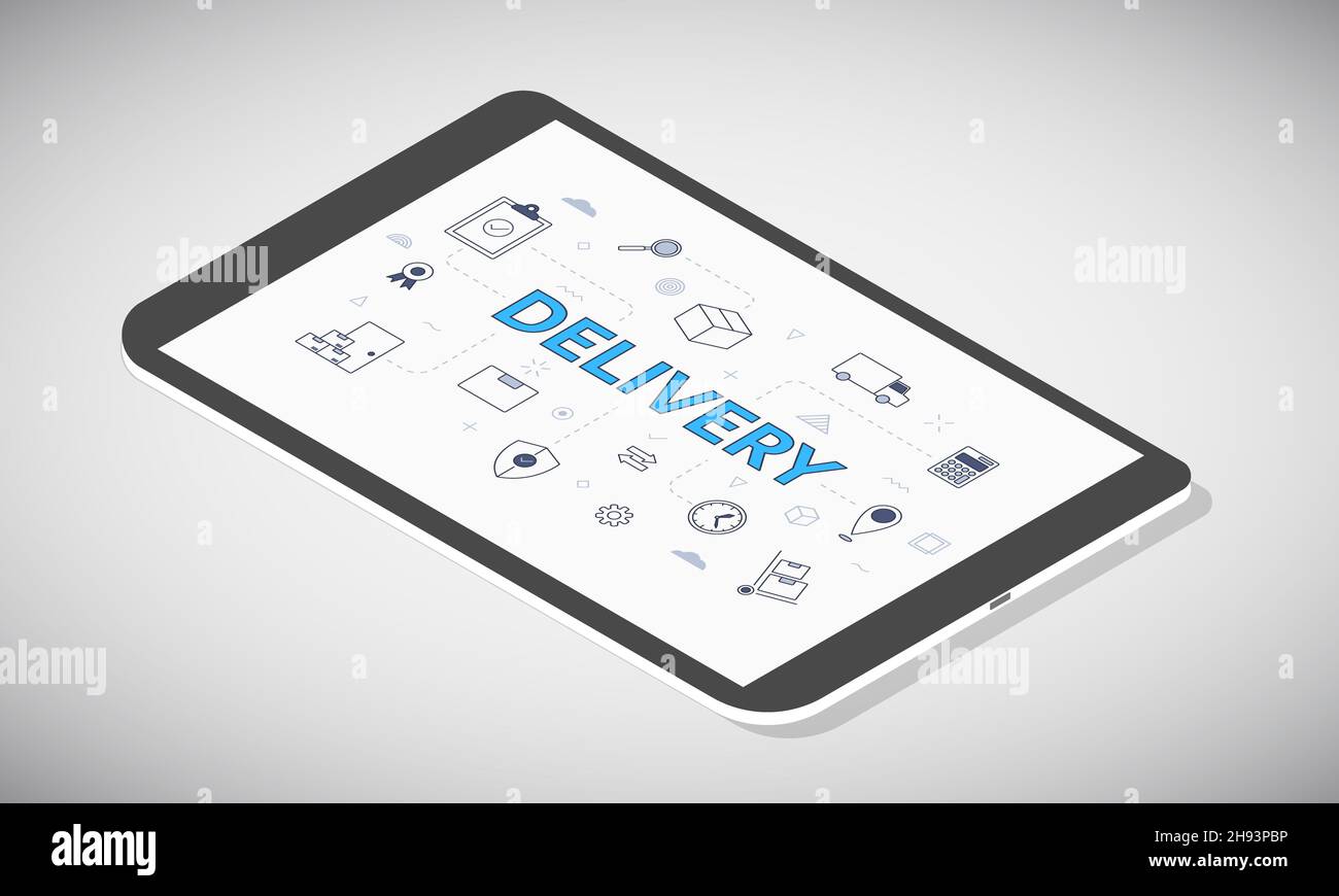 delivery concept on tablet screen with isometric 3d style vector ...