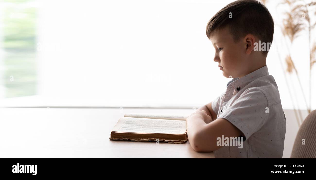 Concentrated motivated boy student sitting by the window at his desk ...