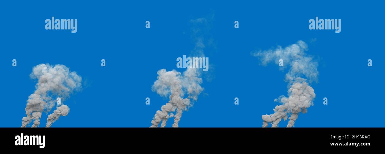 3 grey toxic smoke columns from wildfire on blue, isolated - industrial ...