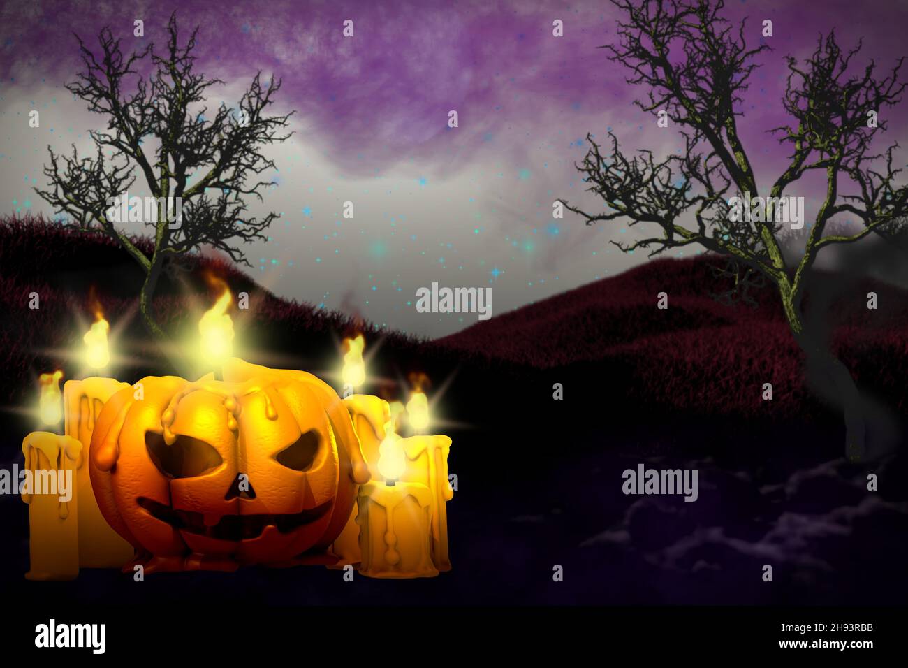 Halloween vivid scary dark night mockup - pumpkin candle on the left ...