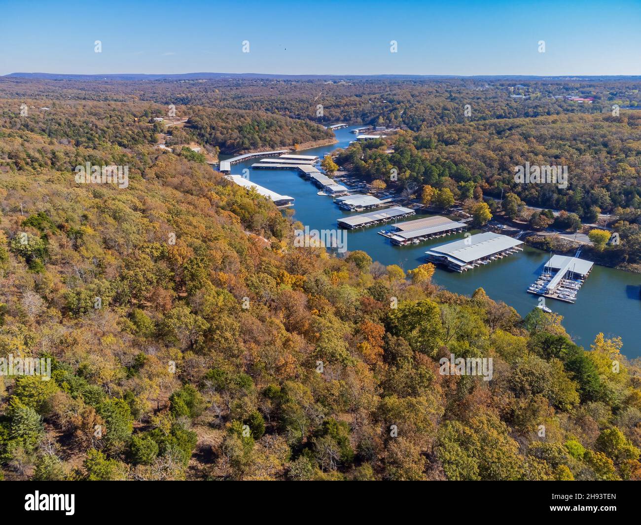 Aerial view of the nature autumn fall color of Tenkiller State Park at ...