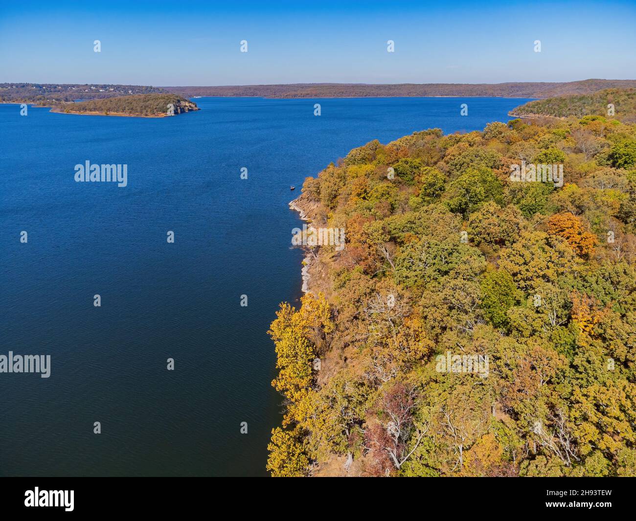 Aerial view of the nature autumn fall color of Tenkiller State Park at ...