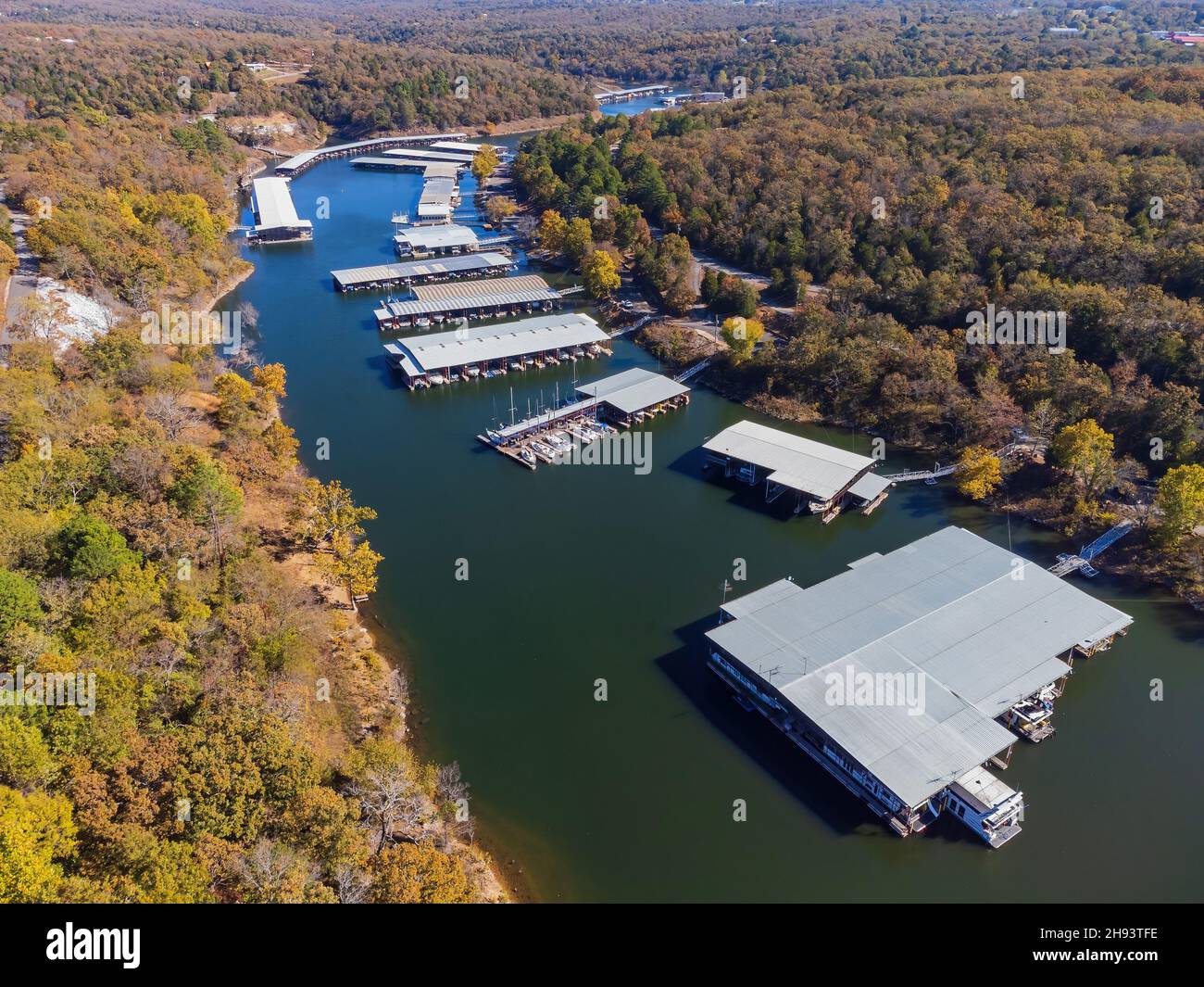 Aerial view of the nature autumn fall color of Tenkiller State Park at ...