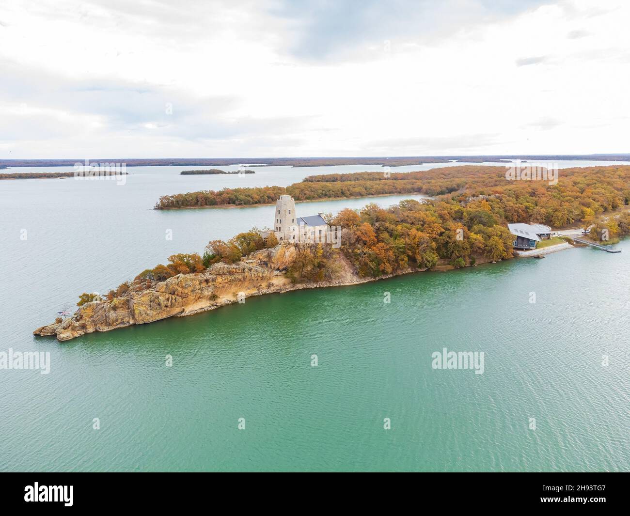 Aerial view of the Tucker Tower of Lake Murray State Park at Oklahoma ...