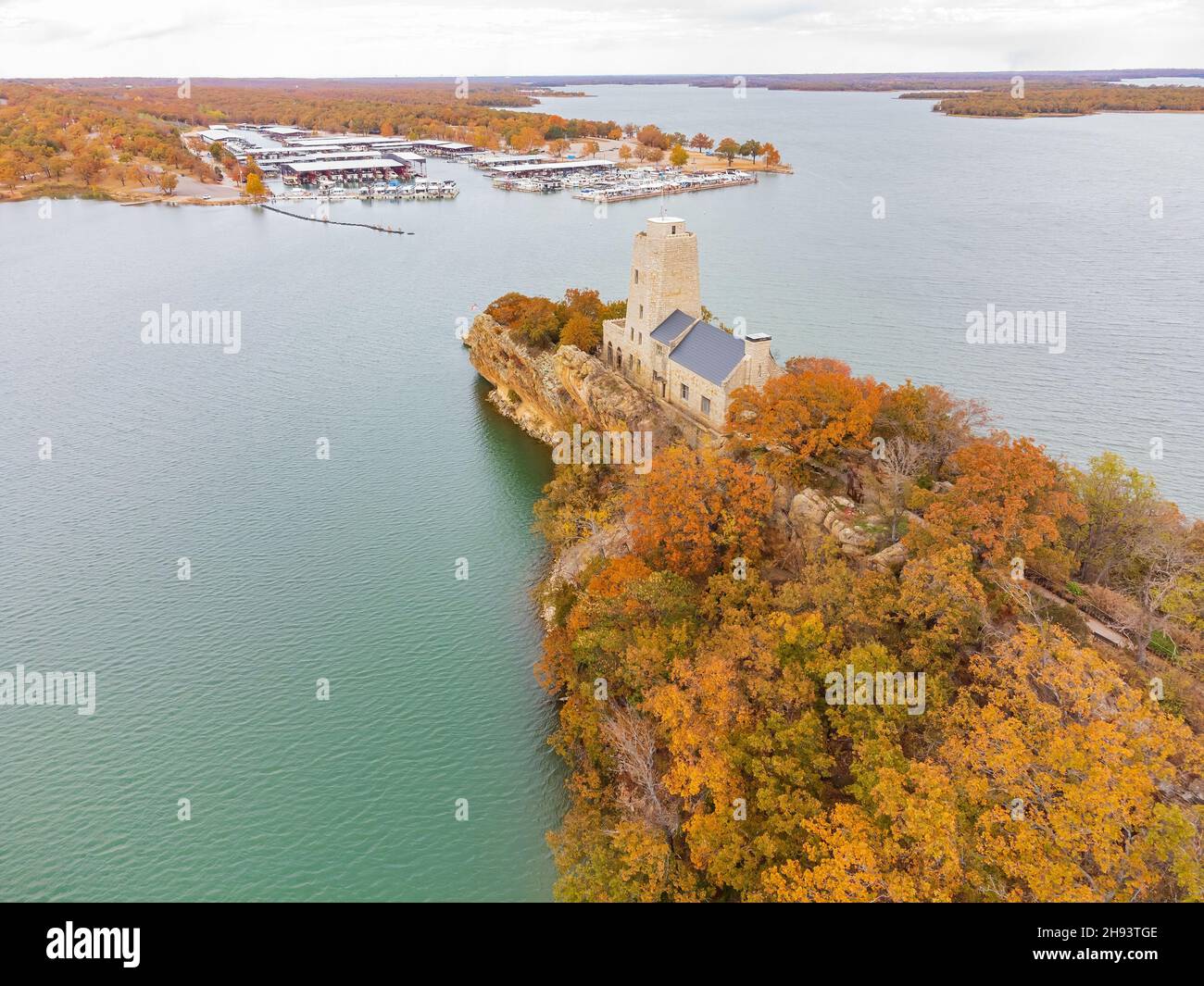 Aerial view of the Tucker Tower of Lake Murray State Park at Oklahoma ...
