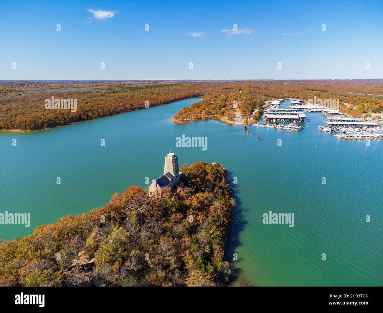 Aerial view of the Tucker Tower of Lake Murray State Park at Oklahoma ...