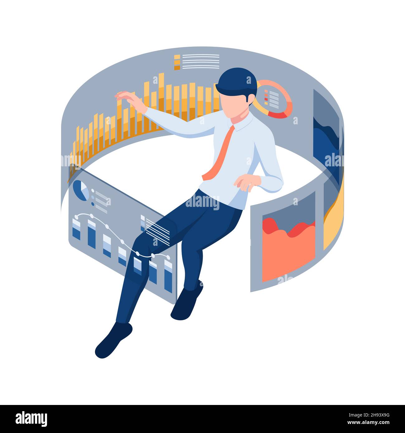 Flat 3d Isometric Businessman Floating and Analyse Virtual Business ...