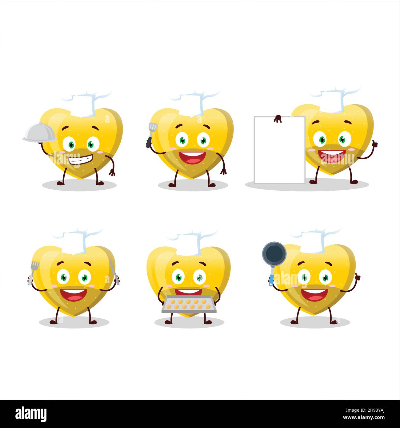 Cartoon character of yellow love gummy candy with various chef ...