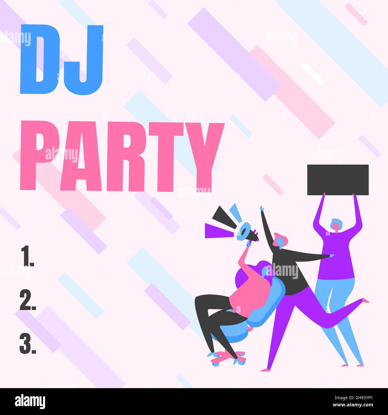 Text caption presenting Dj Party. Word for person who introduces and ...