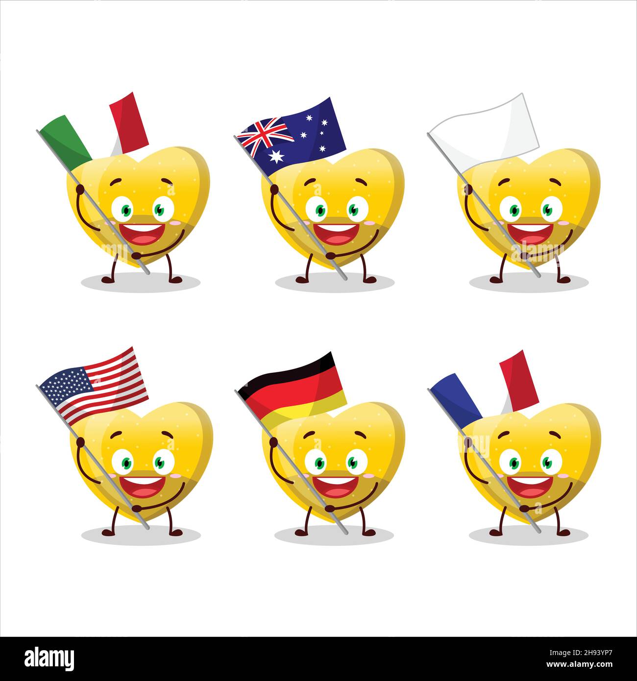 Yellow love gummy candy cartoon character bring the flags of various ...