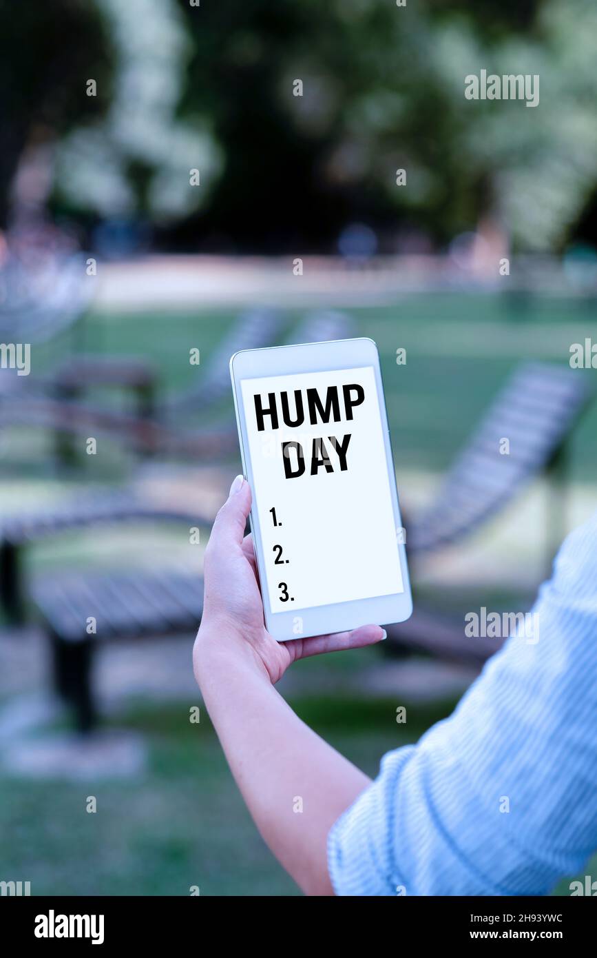 Sign displaying Hump Day, Business showcase climbing a proverbial hill ...