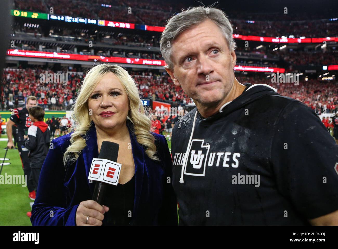 December 03, 2021: ESPN Reporter Holly Rowe interviews Utah Utes head ...