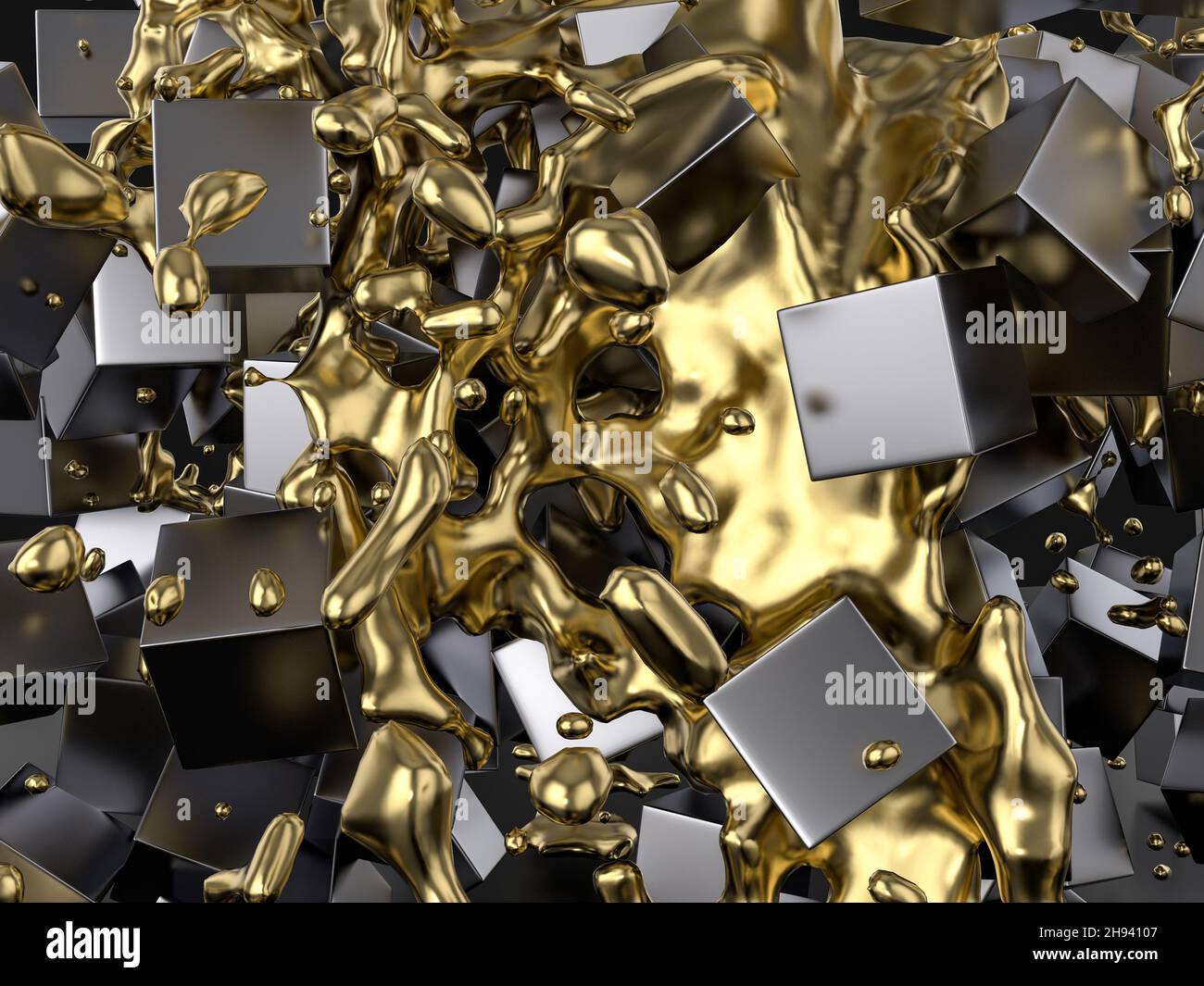 Molten gold on black cubes. 3d illustration Stock Photo - Alamy