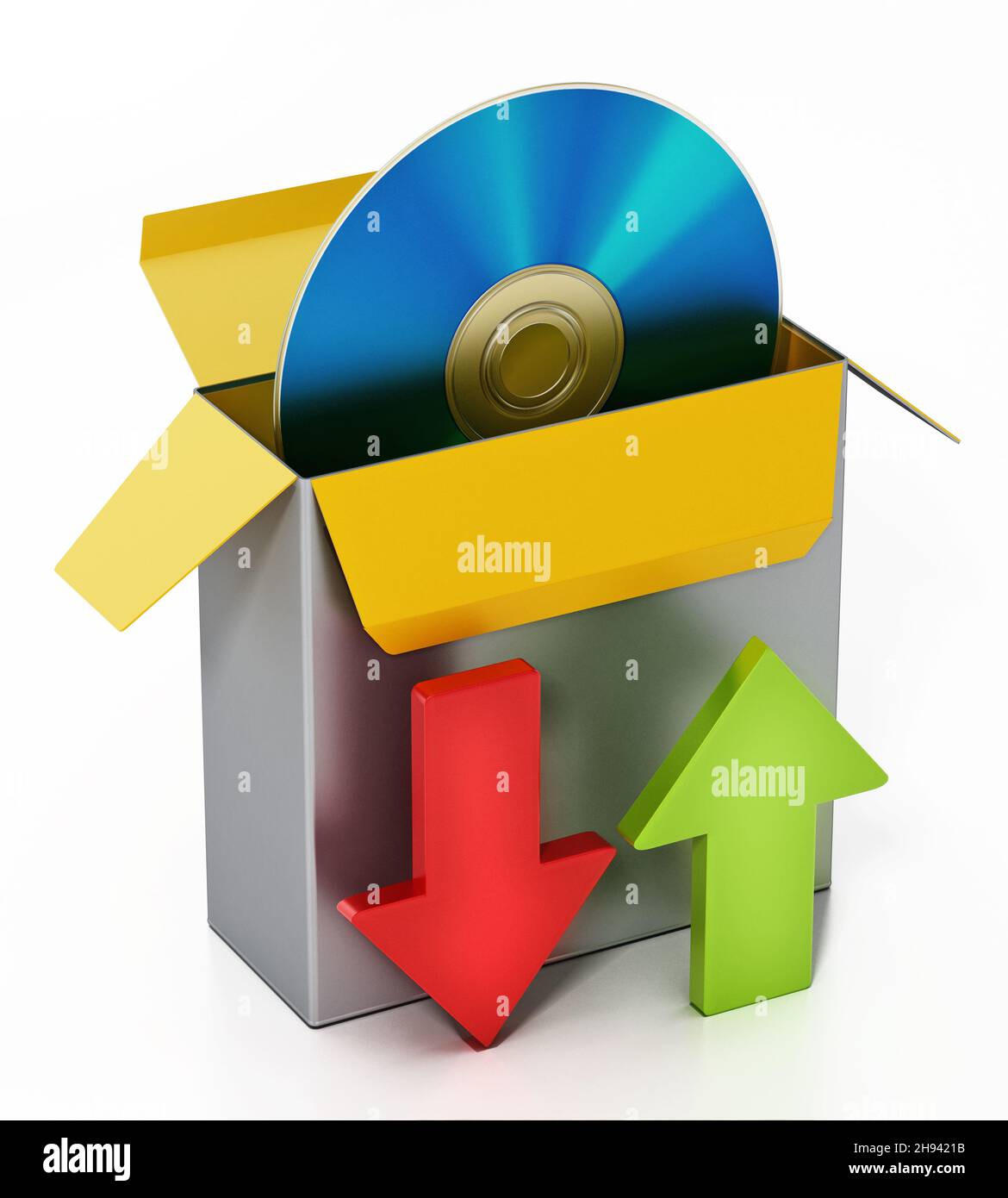 Software box with Bluray disc inside and download upload arrows ...