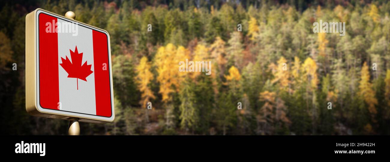 Close-up of a modern road sign with the Canadian flag with a forest on ...