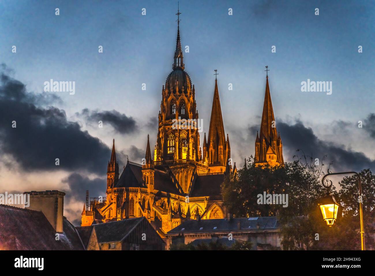 Night Outside Illuminated Lights Bayeux Cathedral Our Lady of Bayeux ...