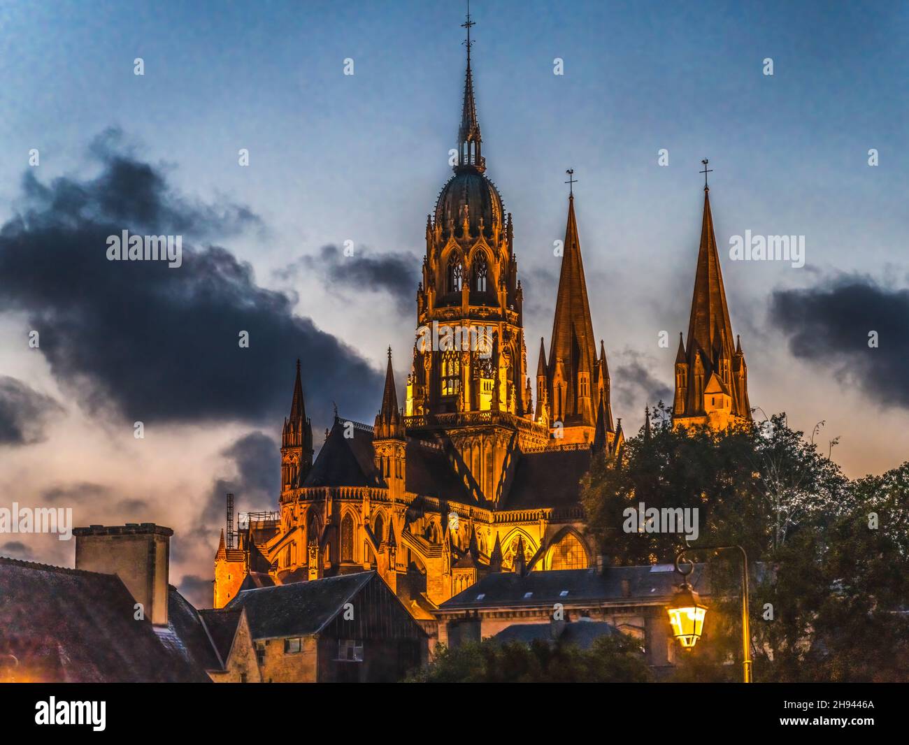 Night Outside Illuminated Lights Bayeux Cathedral Our Lady of Bayeux ...