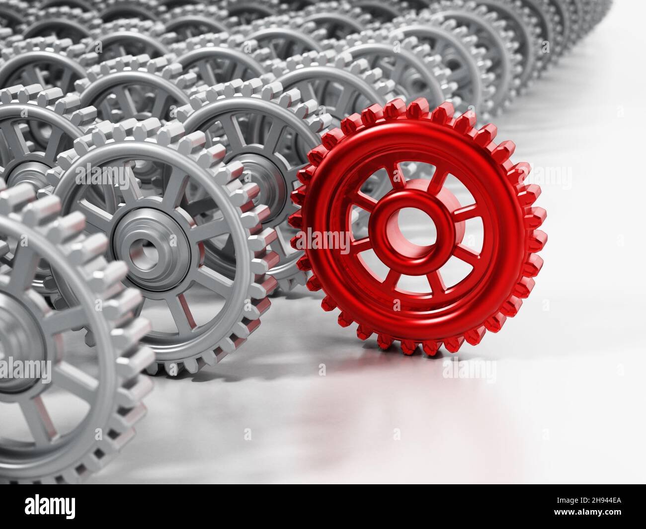 Red gear in motion stands out among other cogwheels. 3D illustration ...