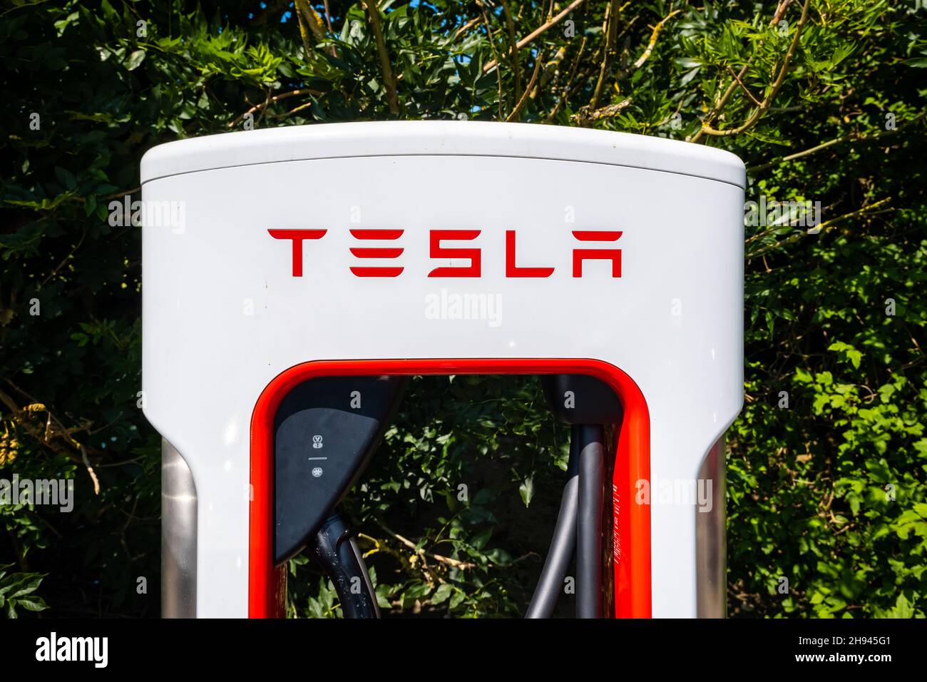 Abington, Scotland - July 25th 2021: Close up of a Tesla Electric ...