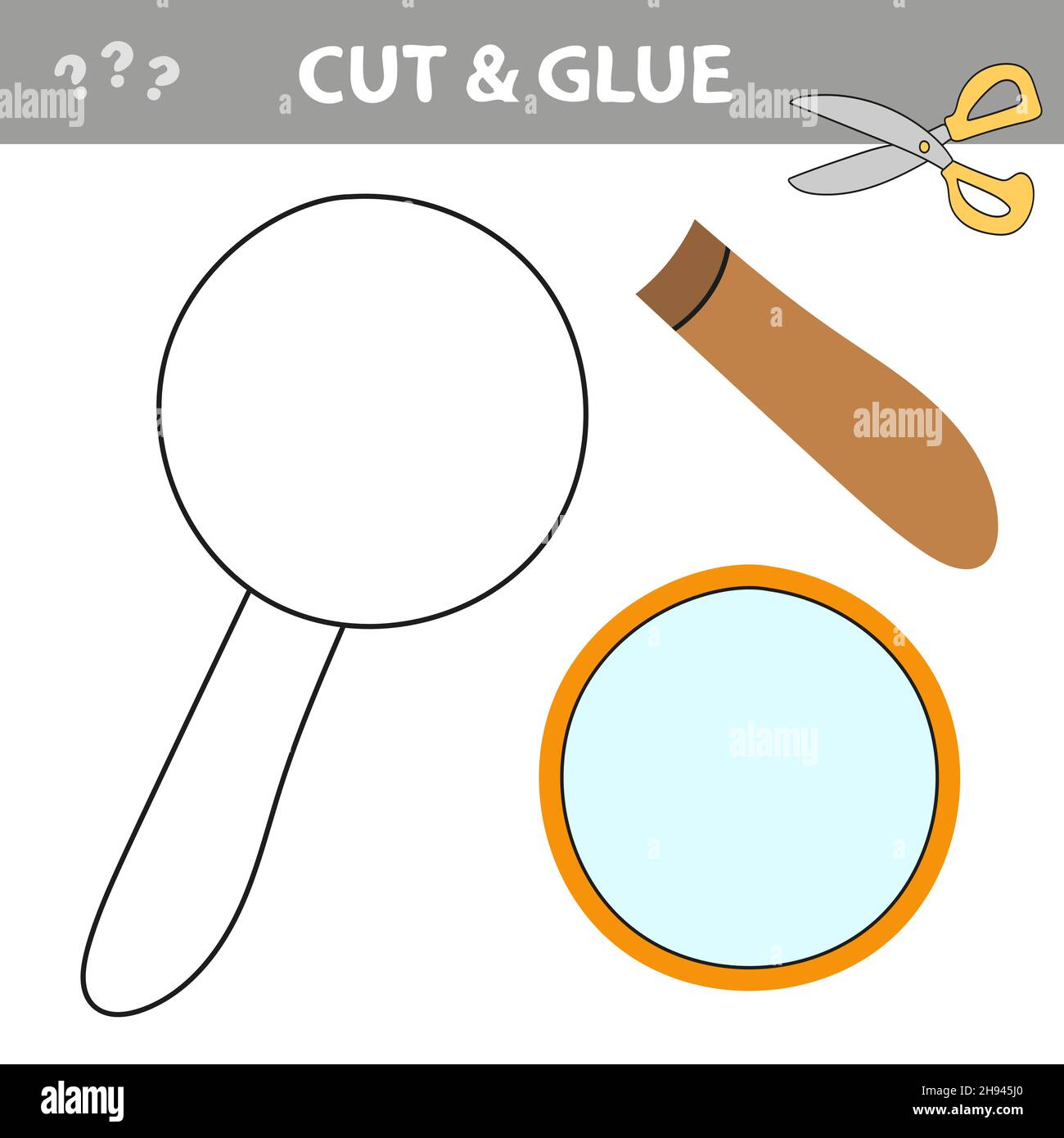 Cut and glue - Simple game for kids. Magnifier vector. Use scissors and ...