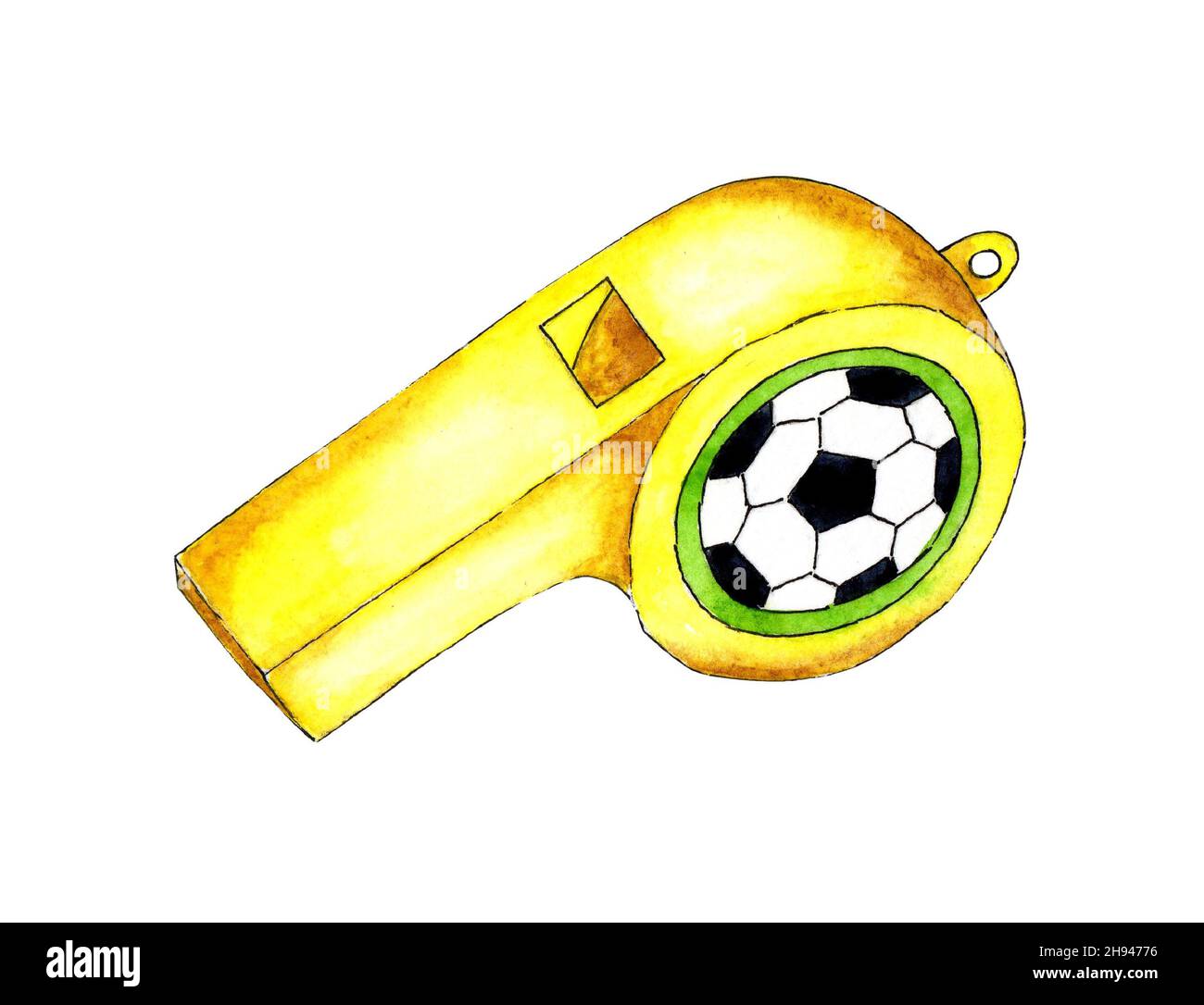Watercolor illustration of a yellow sports whistle with a soccer ball ...