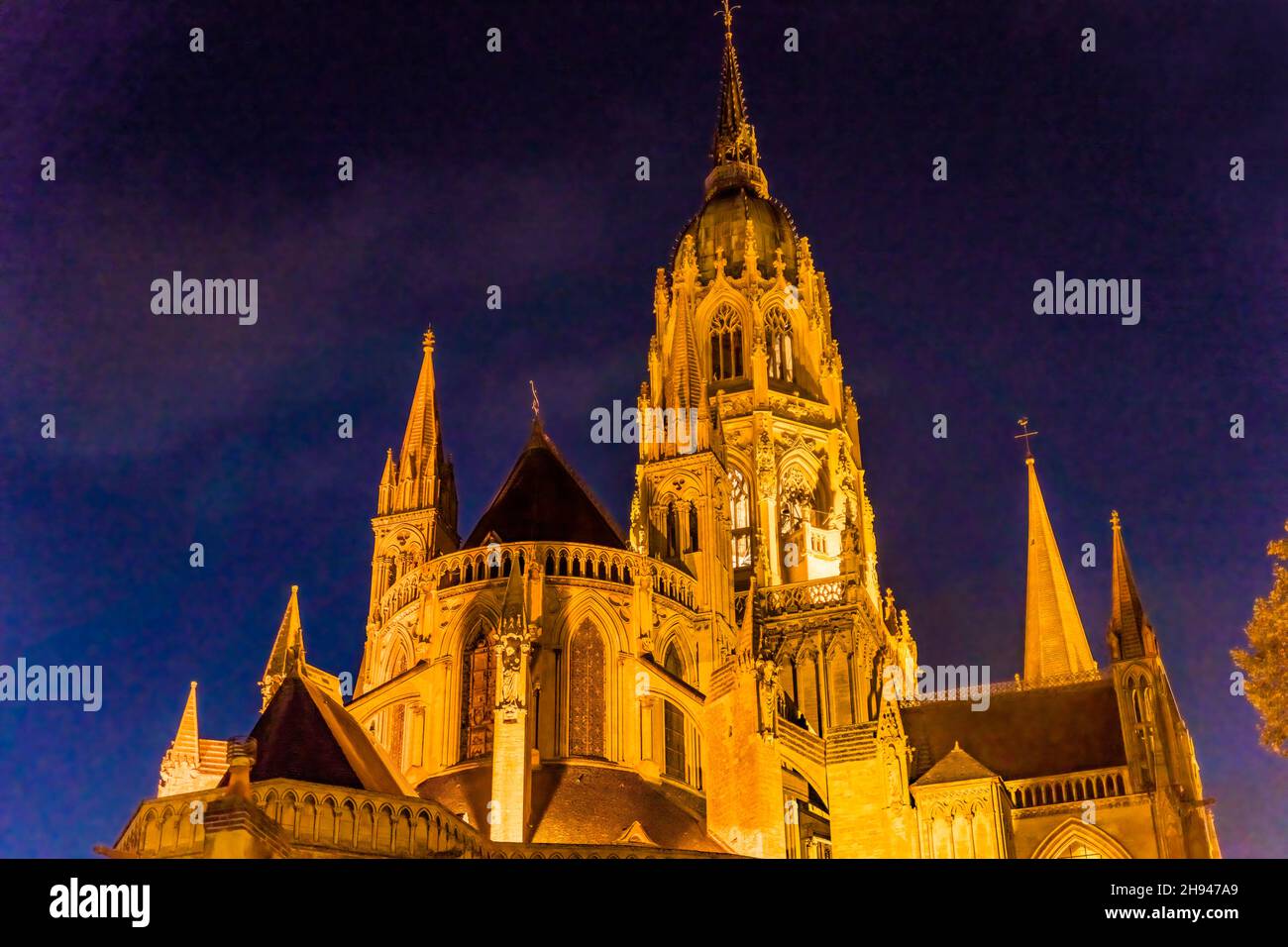 Night Outside Illuminated Lights Bayeux Cathedral Our Lady of Bayeux ...