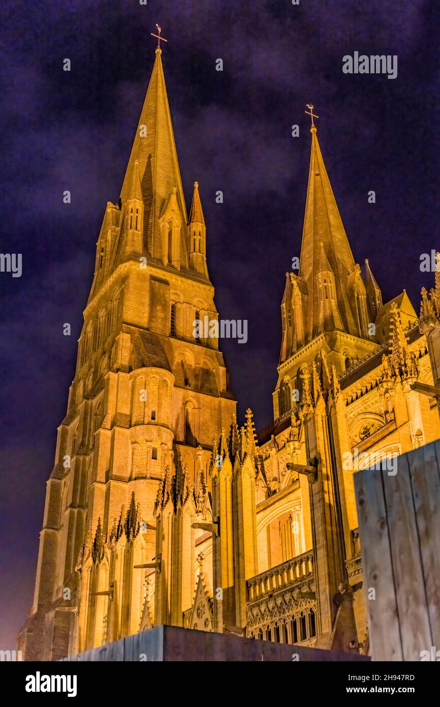 Night Outside Illuminated Lights Bayeux Cathedral Our Lady of Bayeux ...