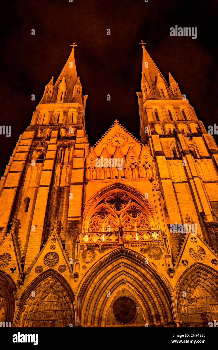 Night Outside Illuminated Lights Bayeux Cathedral Facade Towers Our ...