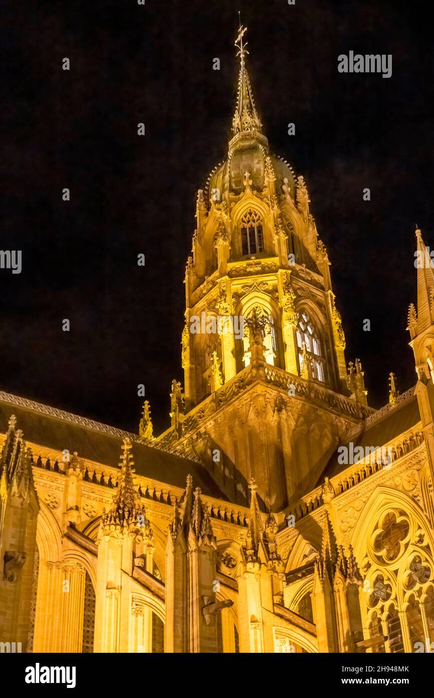 Night Outside Illuminated Lights Bayeux Cathedral Our Lady of Bayeux ...