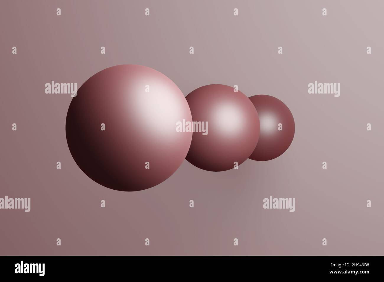 Dark pink balls on a pink background. 3D render. Three balls one after ...