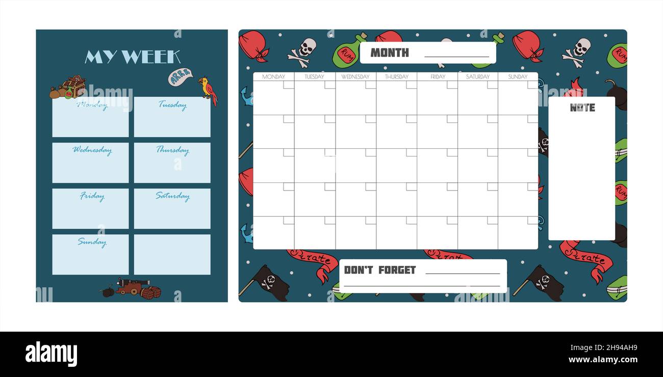 Vector set of weekly planner, to do list, note, background with doodle ...