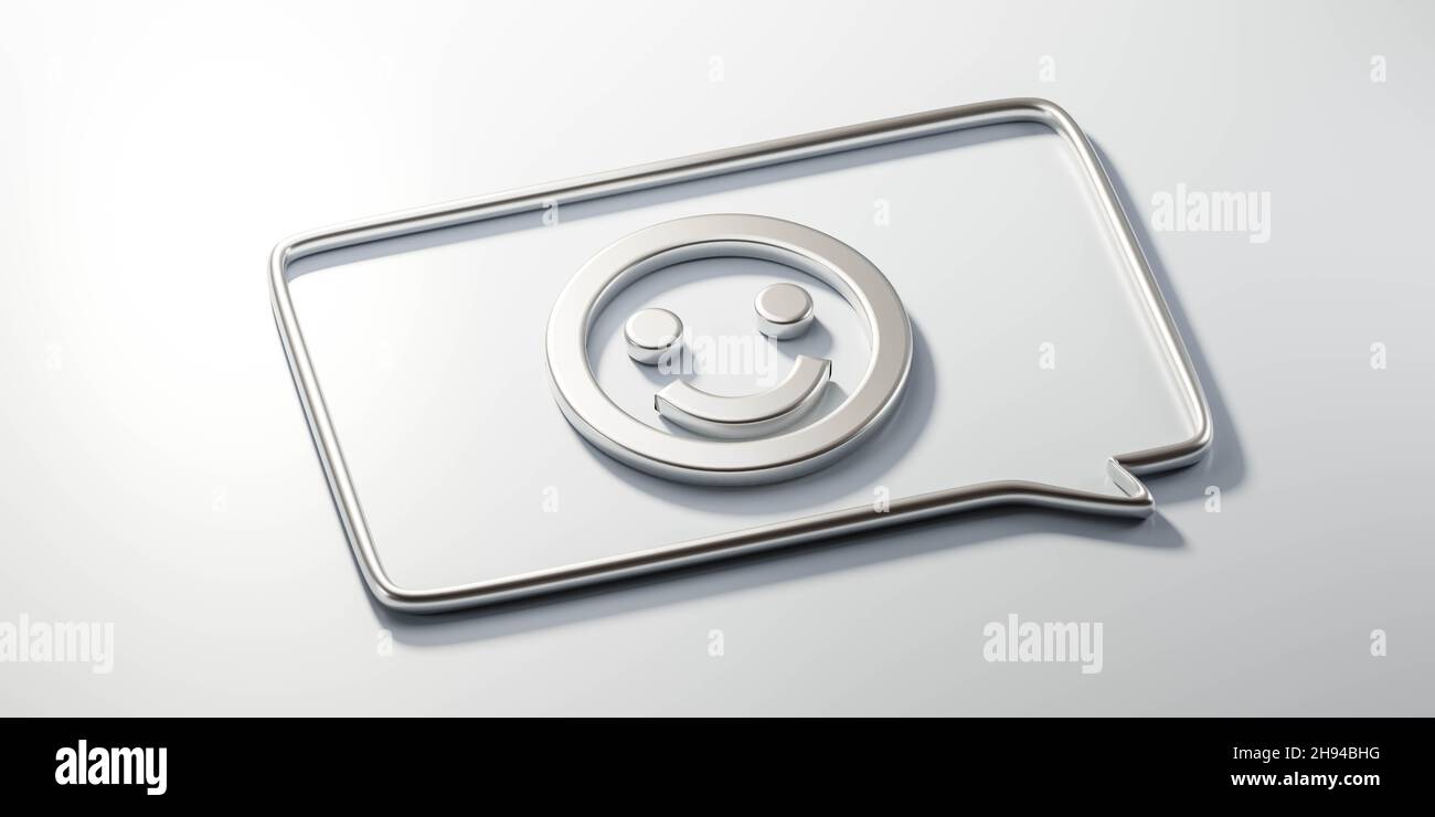 Abstract positive smile emoticon comment speech bubble metalic surface ...