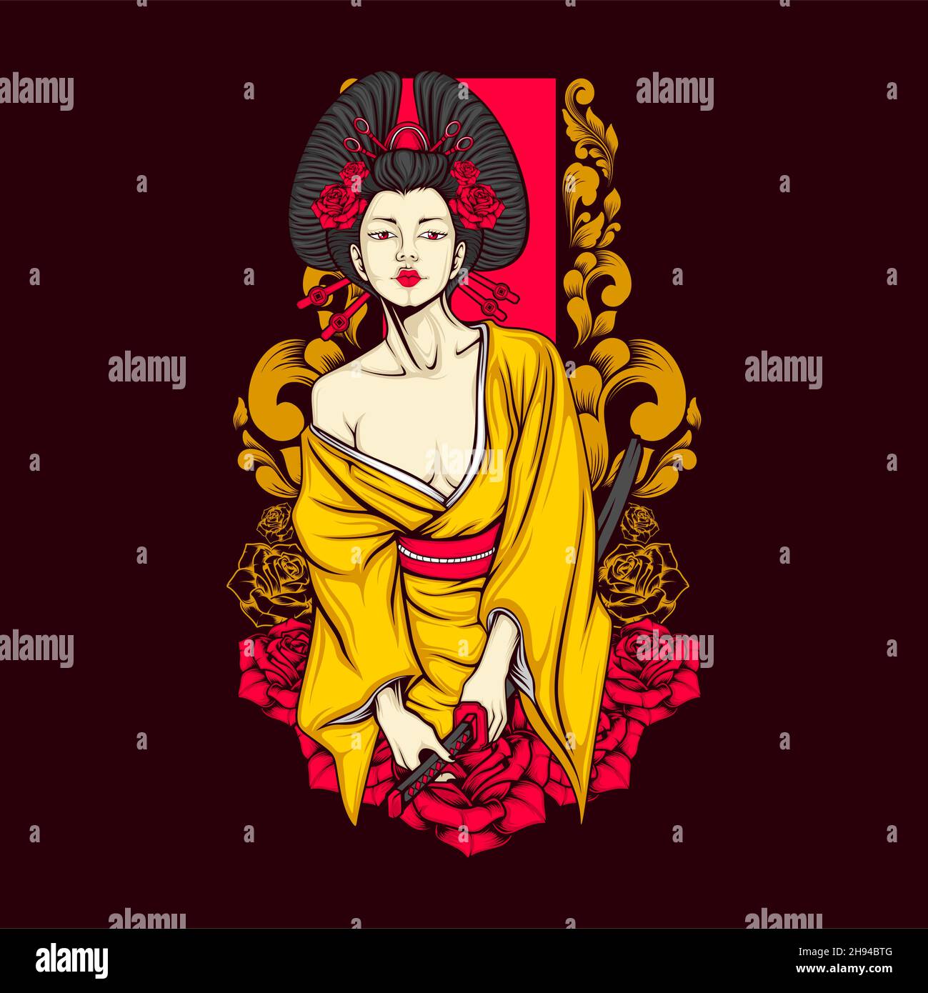 samurai geisha illustration with awesome background Stock Vector Image ...