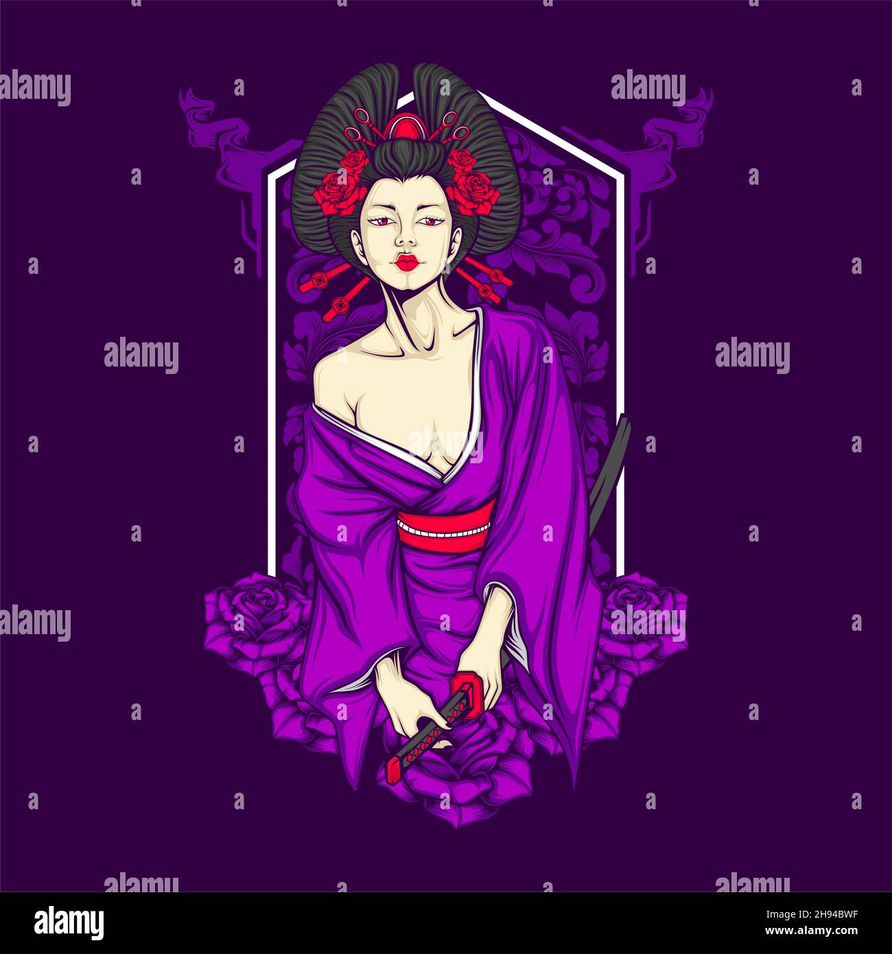 samurai geisha illustration with awesome background Stock Vector Image ...