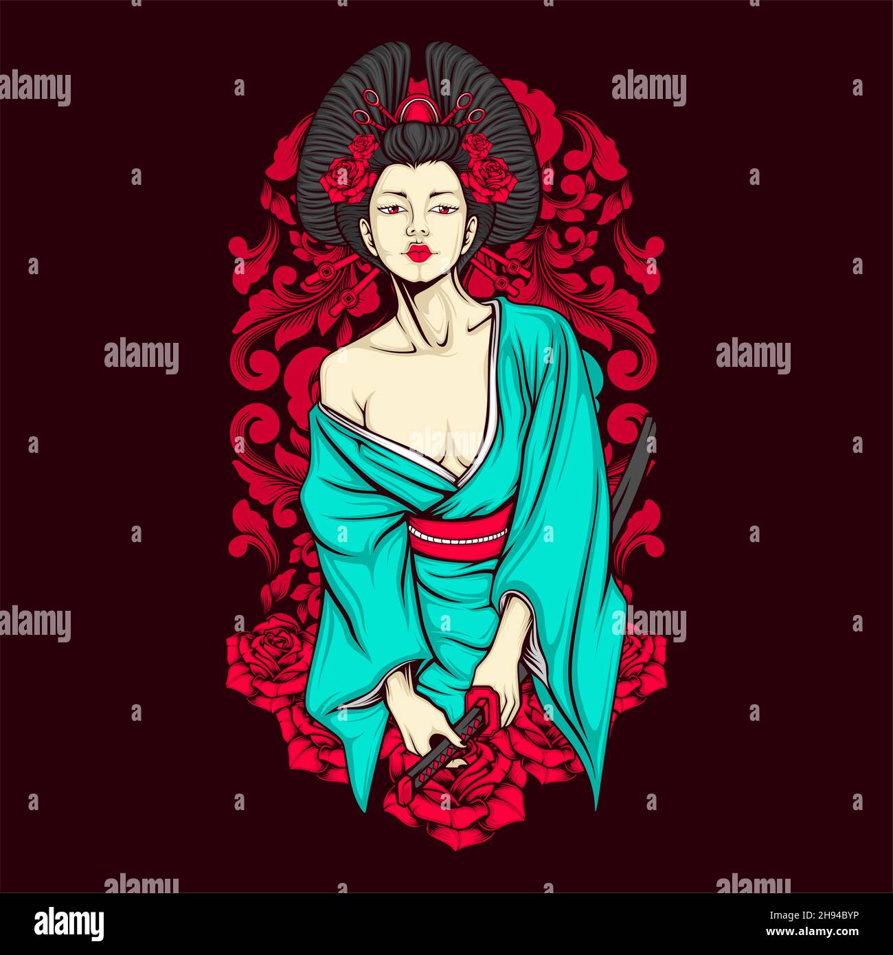 samurai geisha illustration with awesome background Stock Vector Image ...