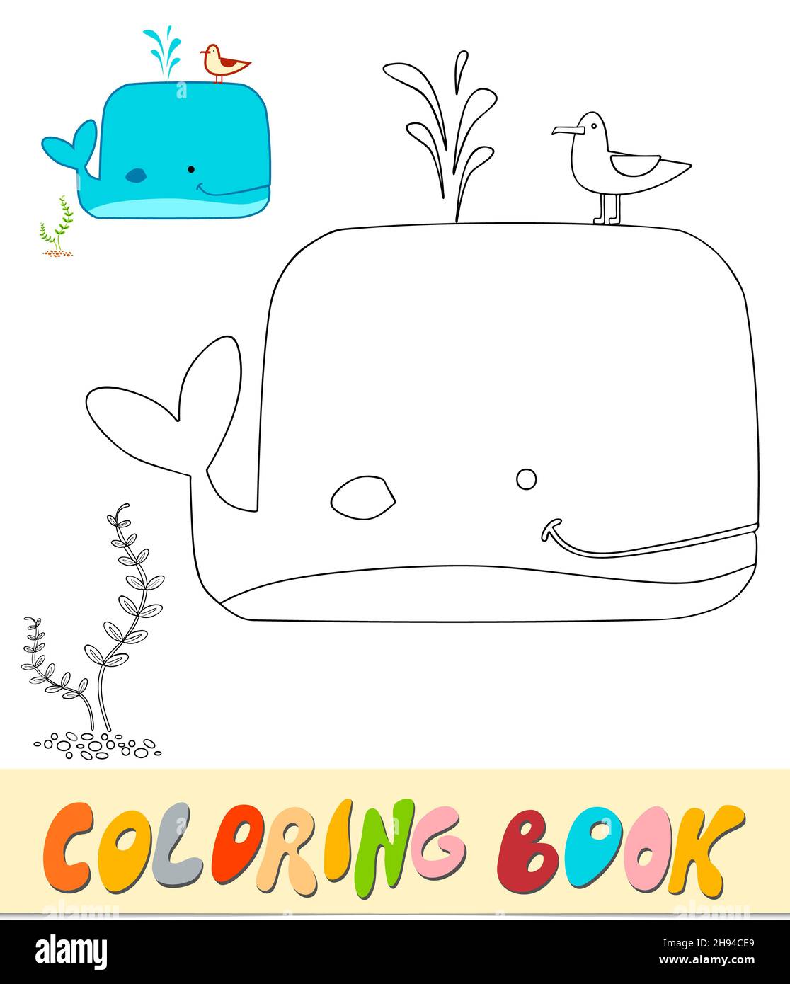 Coloring book or page for kids. Whale black and white illustration ...