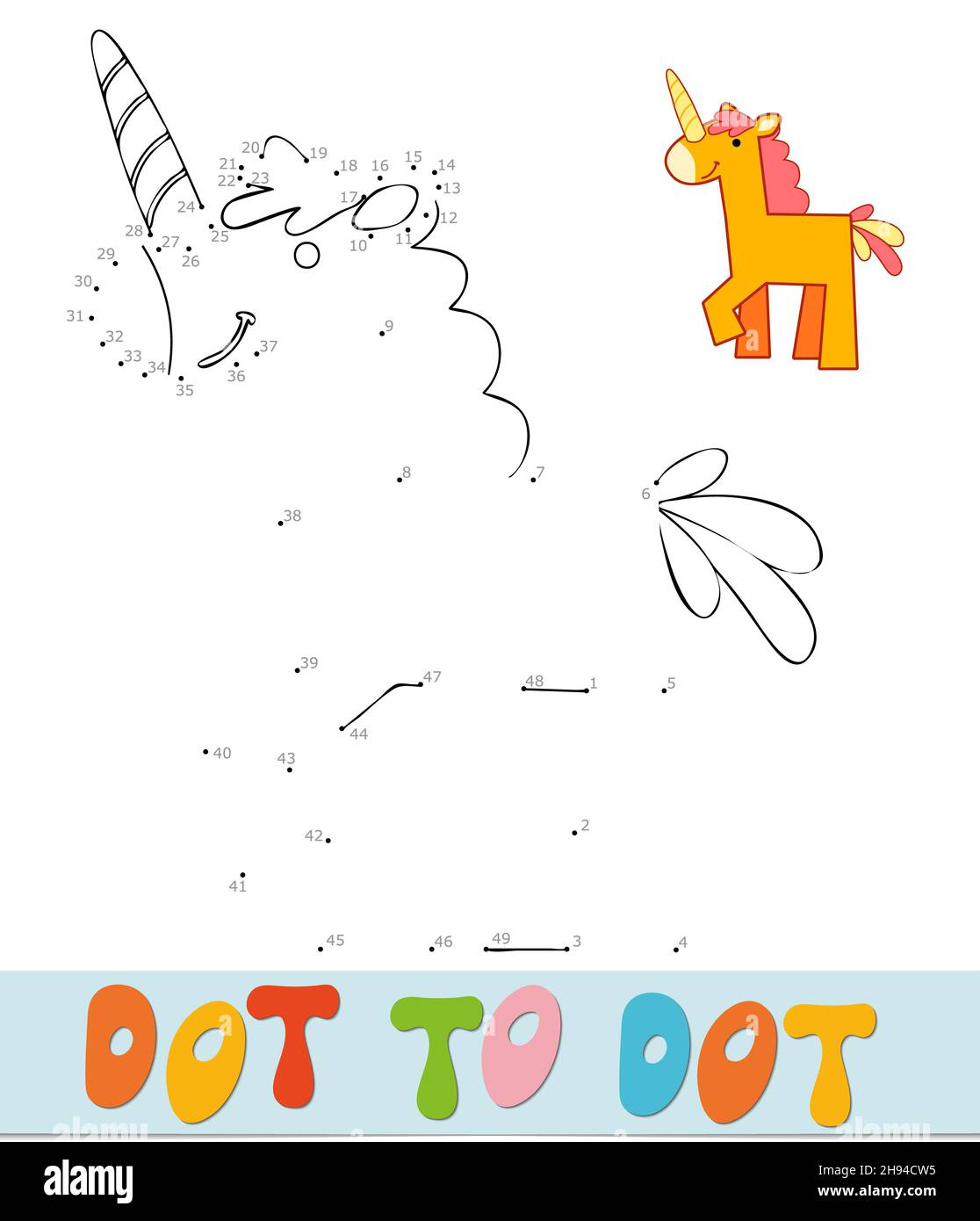 Dot to dot puzzle for children. Connect dots game. Unicorn illustration ...