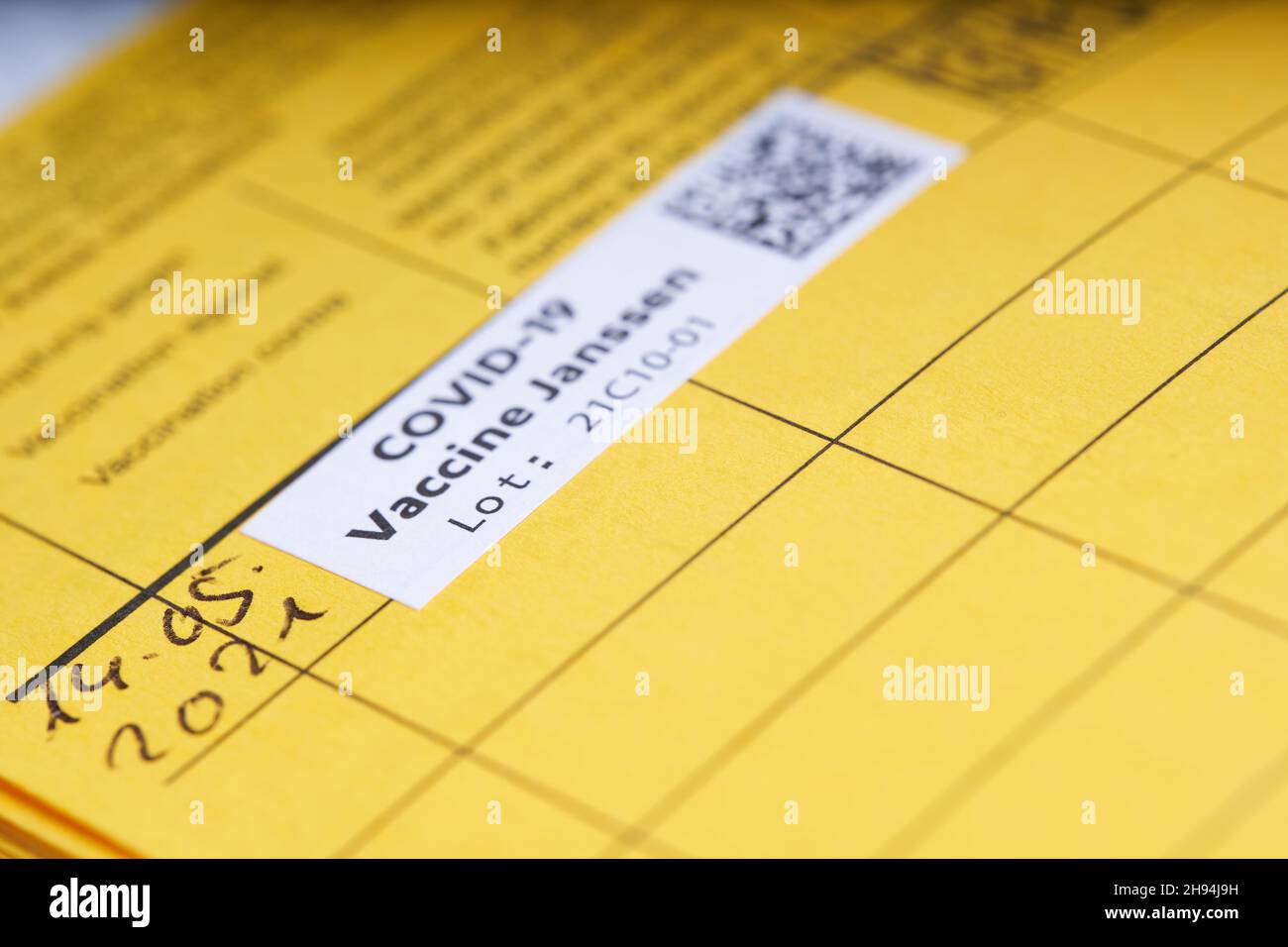 Stuttgart, Germany - May 15, 2021: 1 White Sticker in a vaccination ...