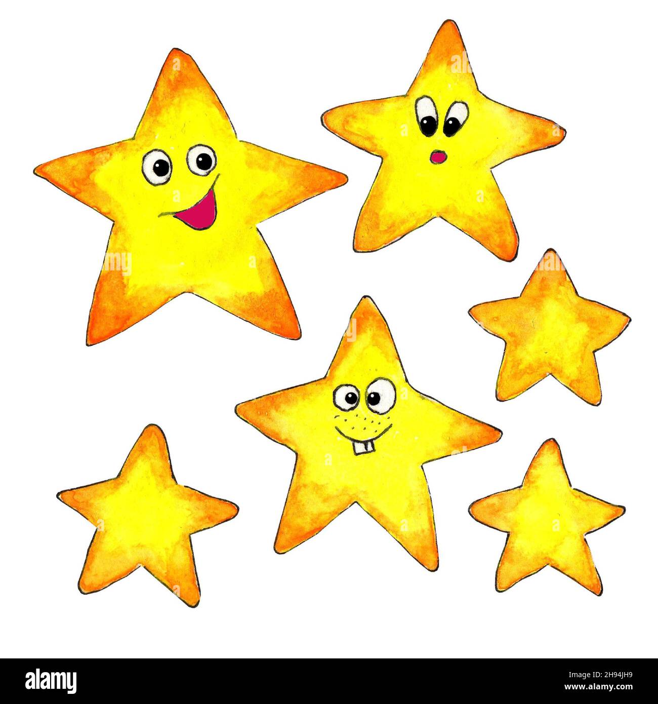 Watercolor set of stars with face. Children's funny illustration of ...