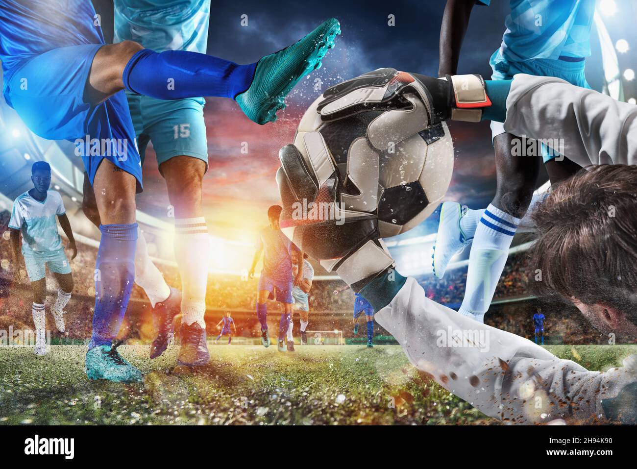 Football scene with soccer players and goalkeeper at the stadium Stock ...