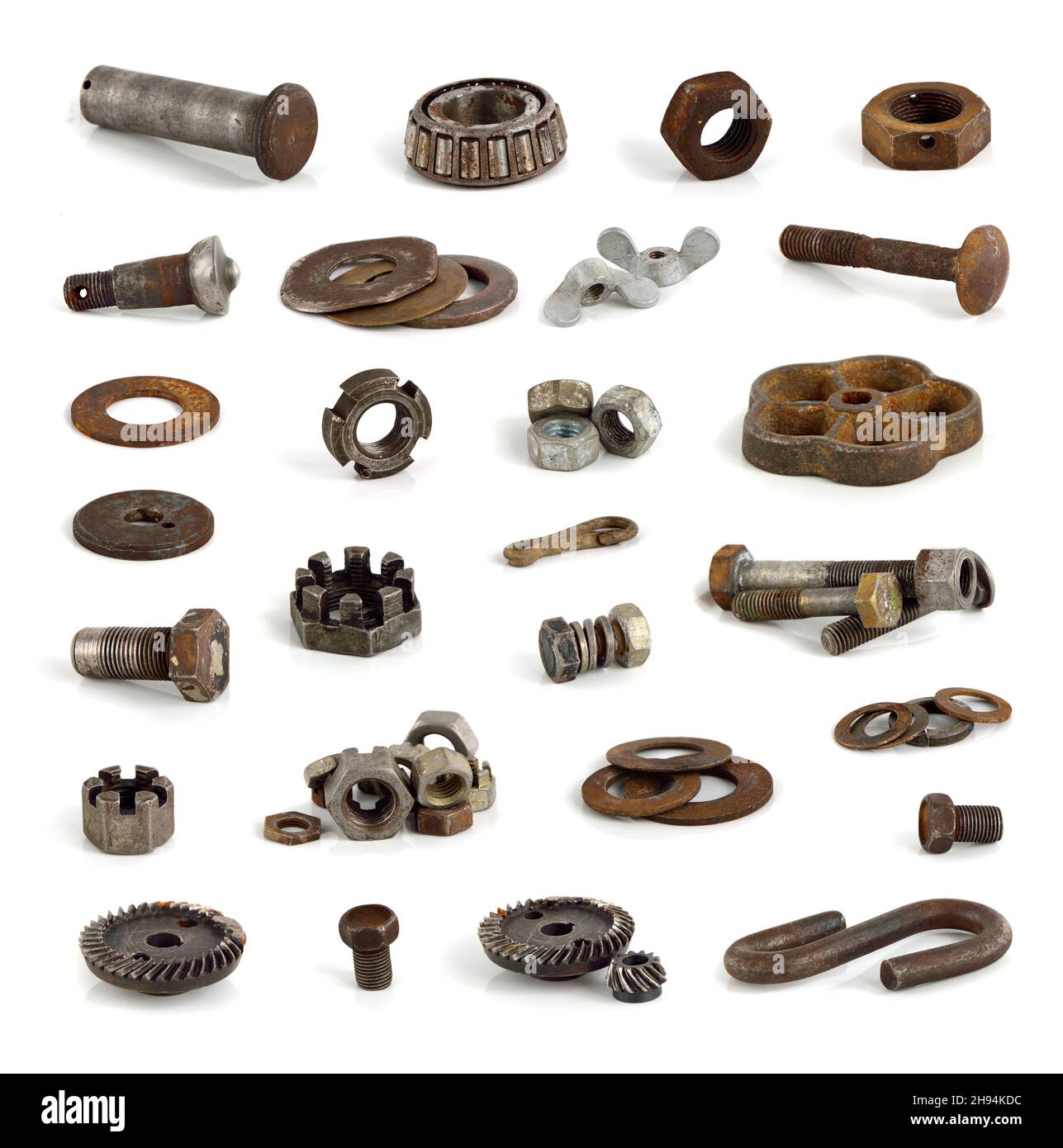 Different metal parts and tools on white background Stock Photo - Alamy